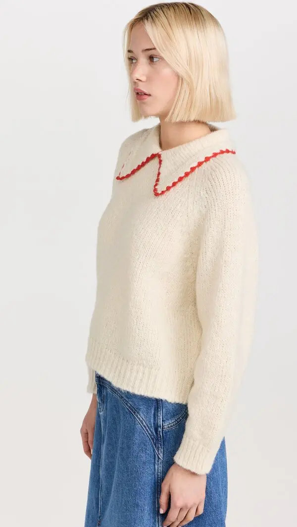The Great. Crochet Collar Pullover - Soft White W/ Cherry